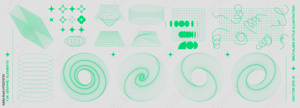 Set of neon green vector wireframe objects, retro futuristic y2k elements. Line grid torus ...