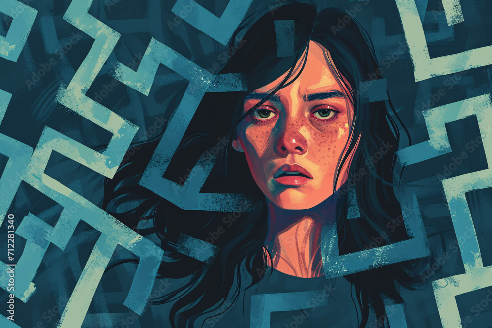 Illustration of a woman stuck in a labyrinth, showing the concept of a ...