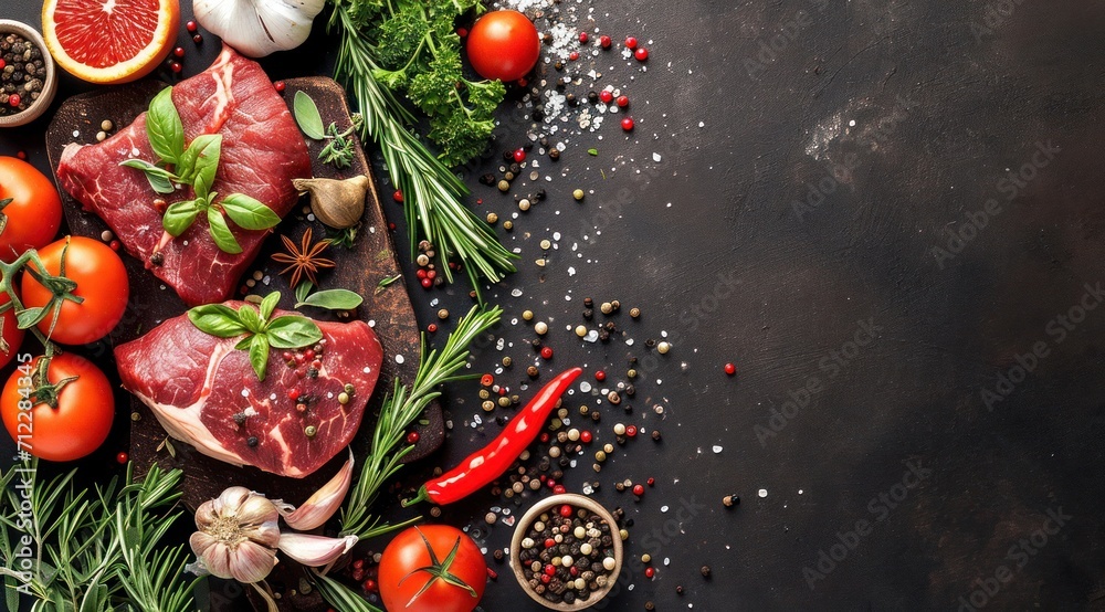 Assortiment d'aliments pour cuisiner, viande et légumes frais sur un ...