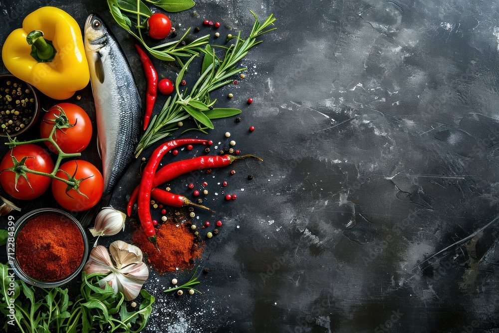 Assortiment d'aliments pour cuisiner, poisson et légumes frais sur un ...