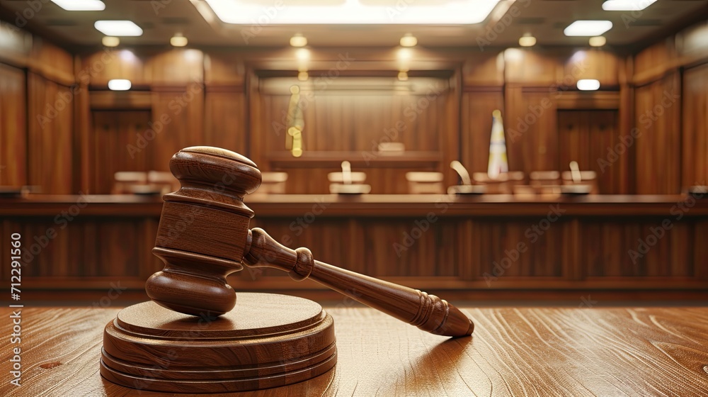 photograph of a judge's gavel prominently placed on a wooden stand in ...