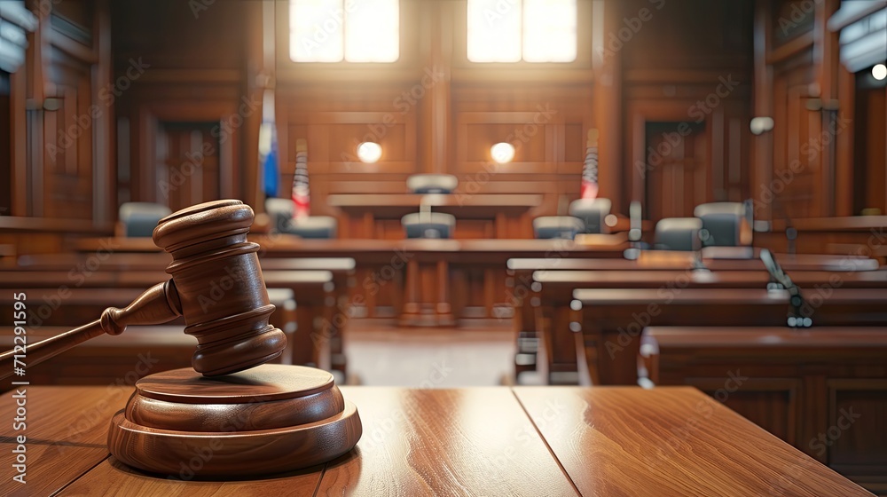 photograph of a judge's gavel prominently placed on a wooden stand in ...