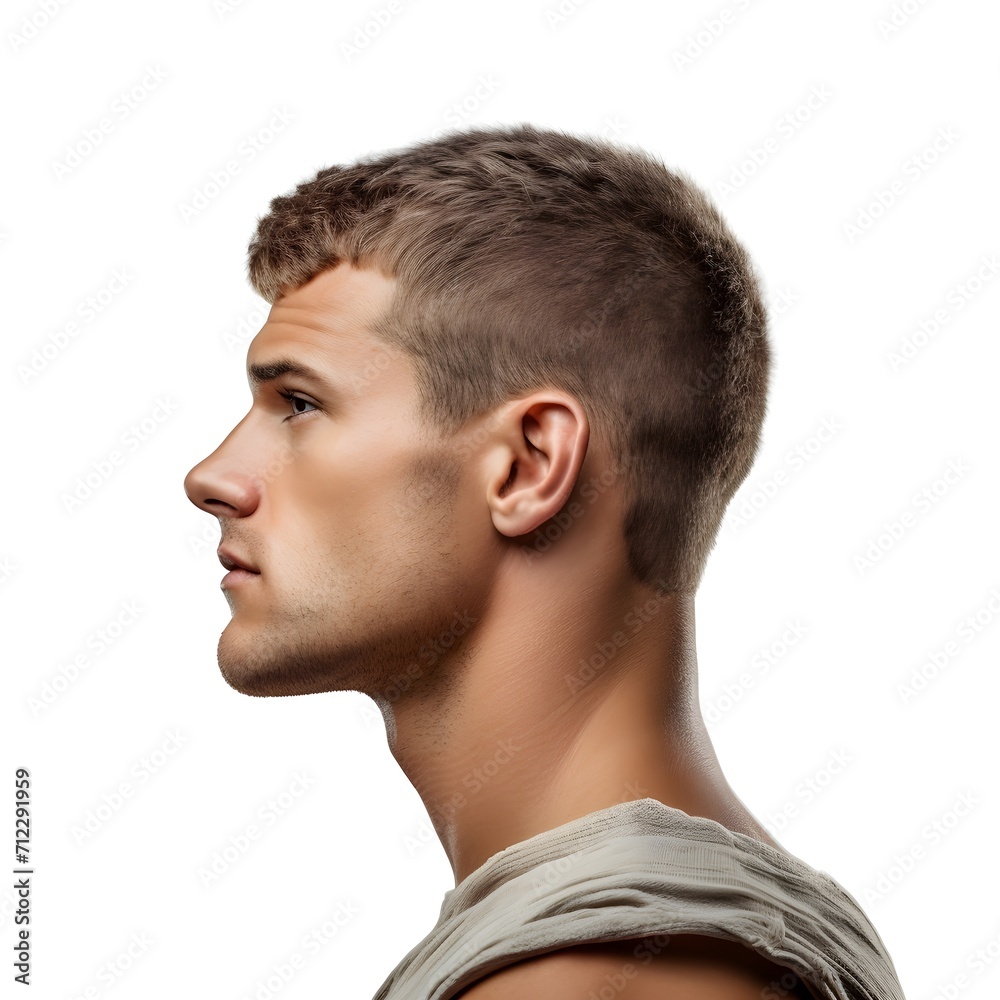 a male model with Caesar cut, side view isolated on a white background ...