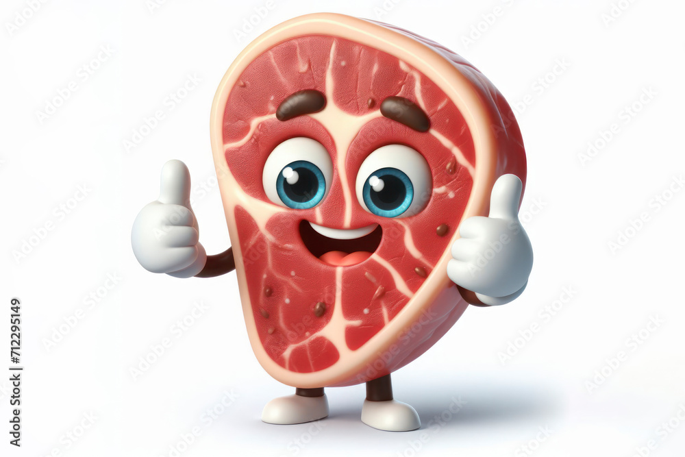 little cute happy steak 3d character with bulging eyes on solid a white ...