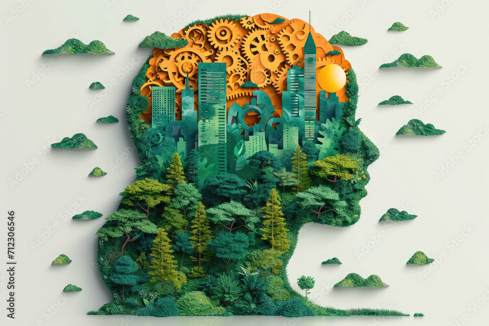 Abstract of brain with gears and mechanisms on the nature background ...