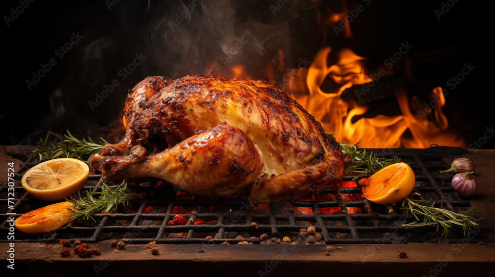 Ilustrace „Un poulet rôti à la flamme. Gros plan sur la viande avec ...