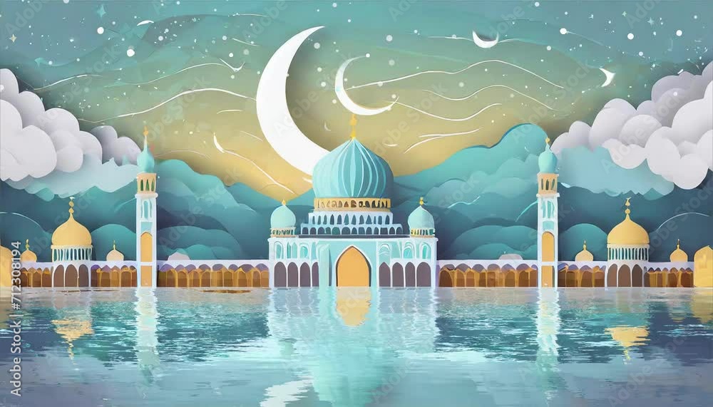paper origami mosque with calm pool and crescent moon with blinking ...