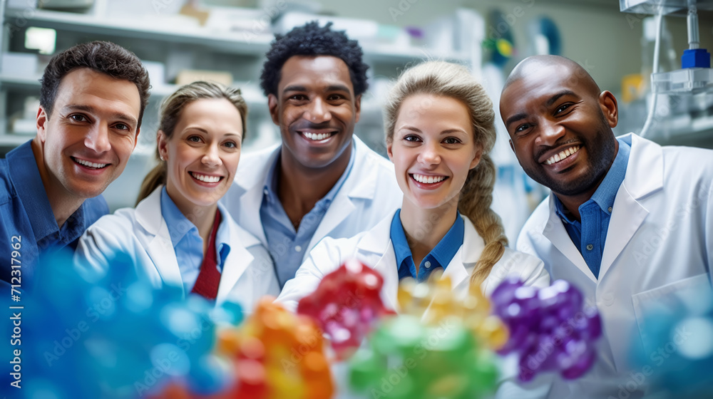 Five scientists sharing a moment of joy around colorful molecular ...