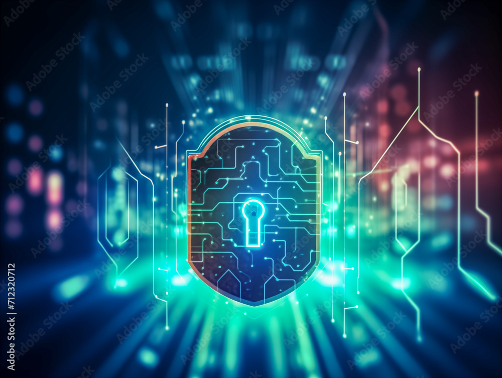 Dynamic visualization of a neon-lit cybersecurity lock embedded in a circuit board, symbolizing ...