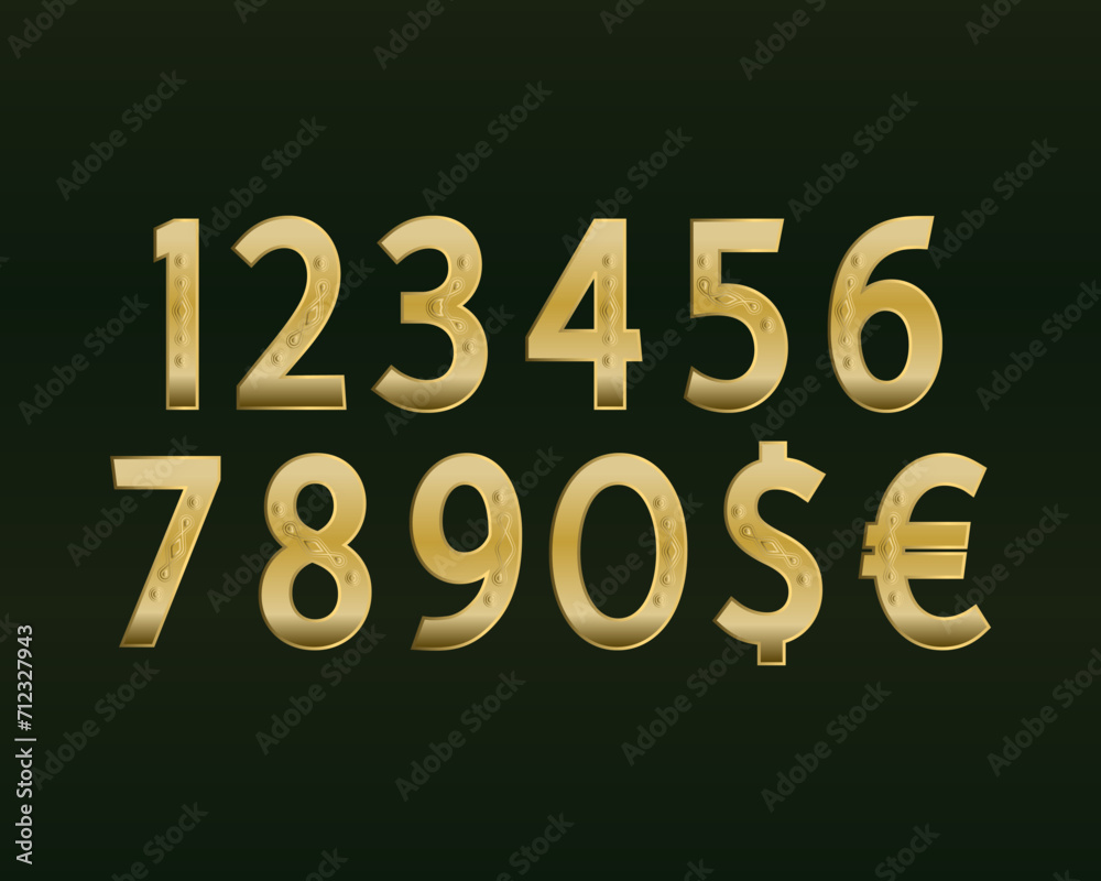 Minted golden numbers and currency signs witn decor. Typography style ...