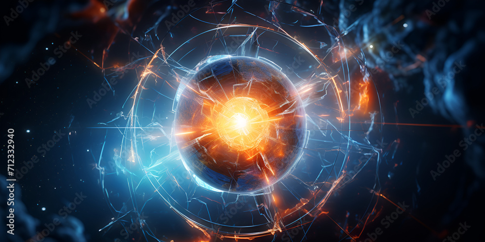 a glowing sky sphere orbits the starry, The atomic nucleus is the small ...