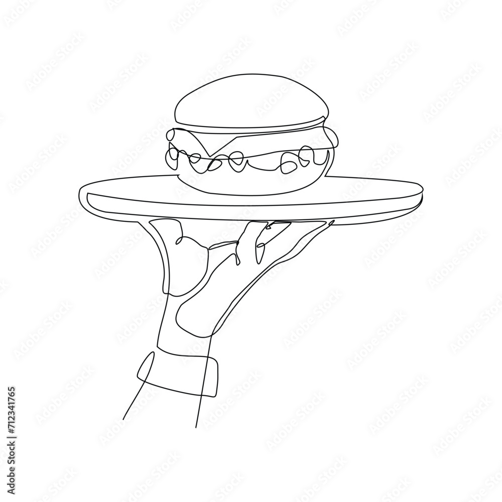 Continuous single line sketch drawing of hand holding food tray cheese ...