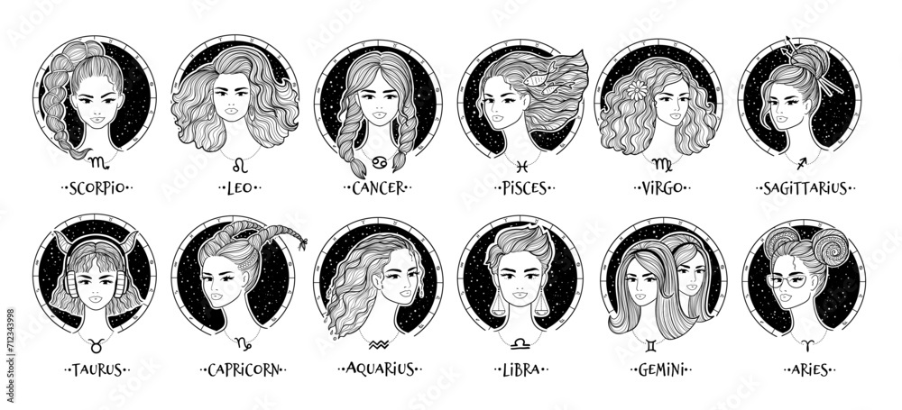 Vector illustrations set of zodiac signs line art female face portraits ...