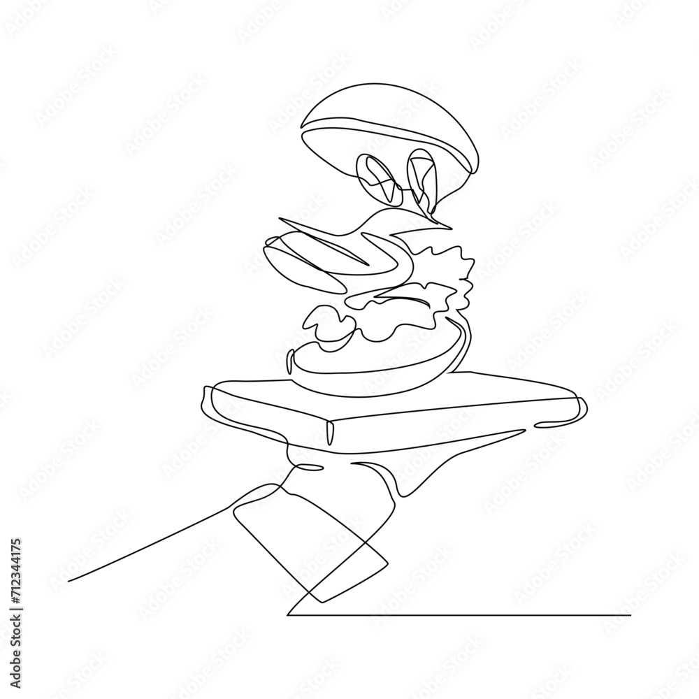 Continuous single line sketch drawing of hand holding food tray cheese ...