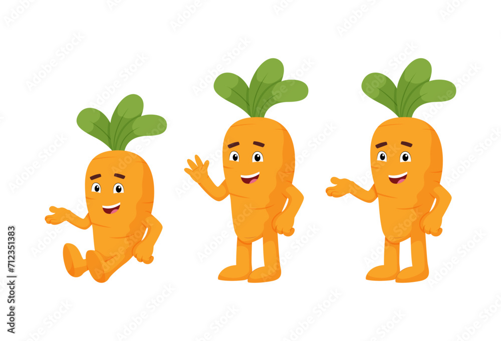 Cute Carrot Cartoon Character Set. Carrot Waving Hand Sitting and ...