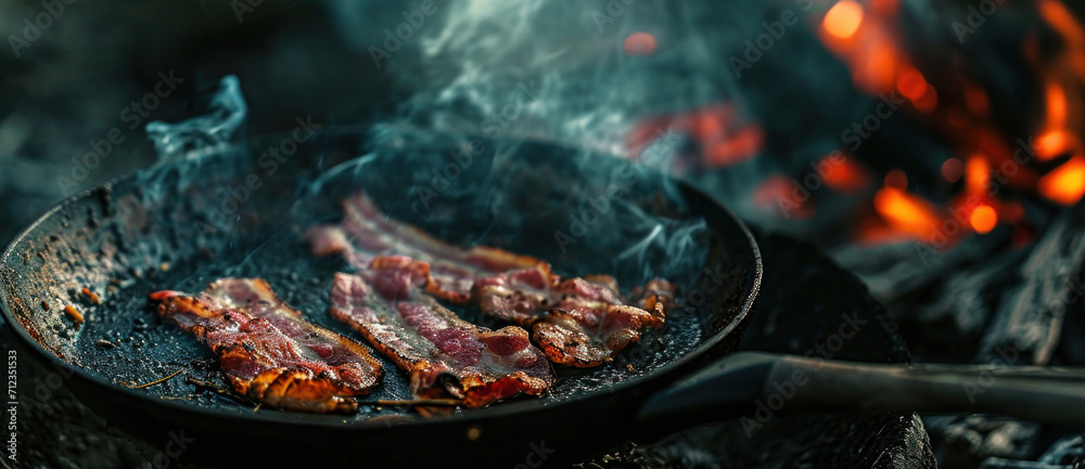 Sizzling bacon strips in a cast-iron skillet over an open flame, the ...