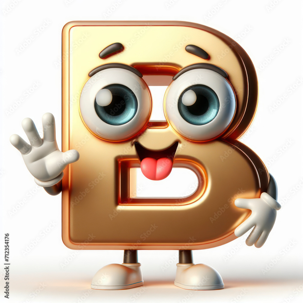 little cute happy letter B 3d character with bulging eyes on solid a ...