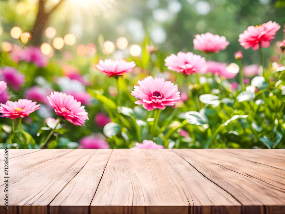 Wood table top on blur pink flower garden background with bokeh light ...