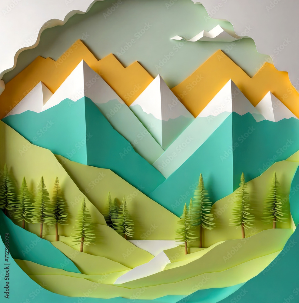 3D Paper art of nature scene. Papercraft mountain landscape. Generative ...