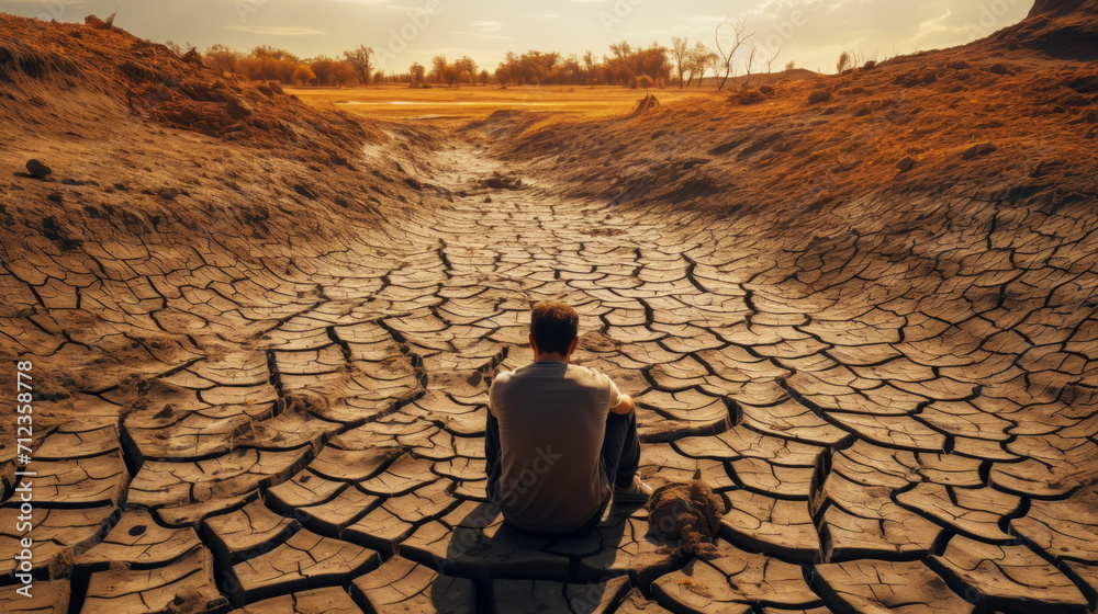 Man sits on cracked ground near dry river. Back view. Drought concept ...