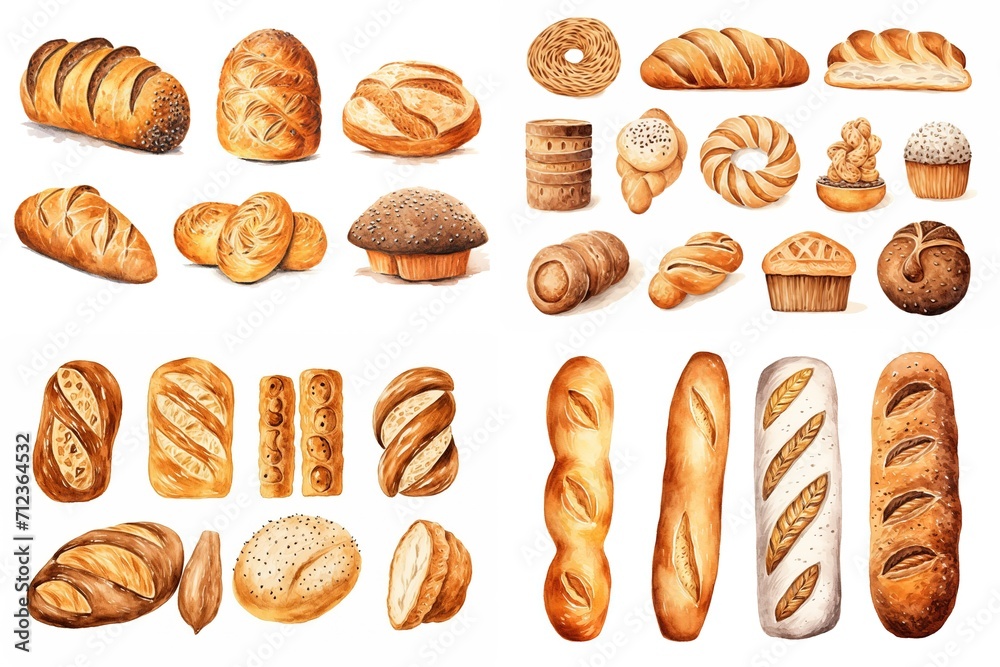 watercolor cartoon illustration collection set, fresh vintage bread ...
