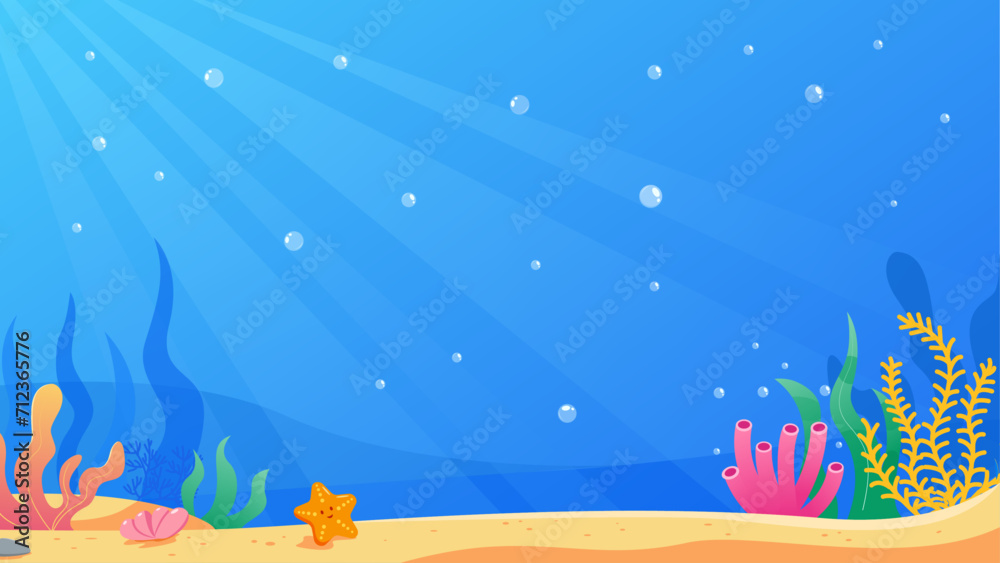 Vector marine background for video conferencing. Underwater background with colorful algae in ...