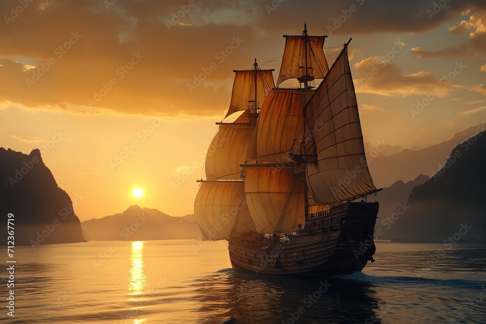 Sailing ship with billowing sails on the ancient Silk Road trade route ...