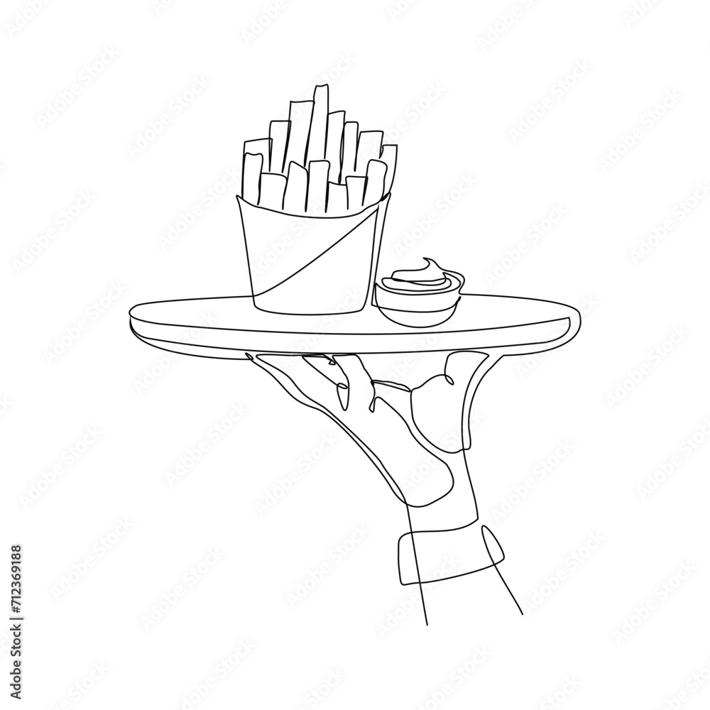 Continuous single line sketch drawing of hand holding food tray french ...