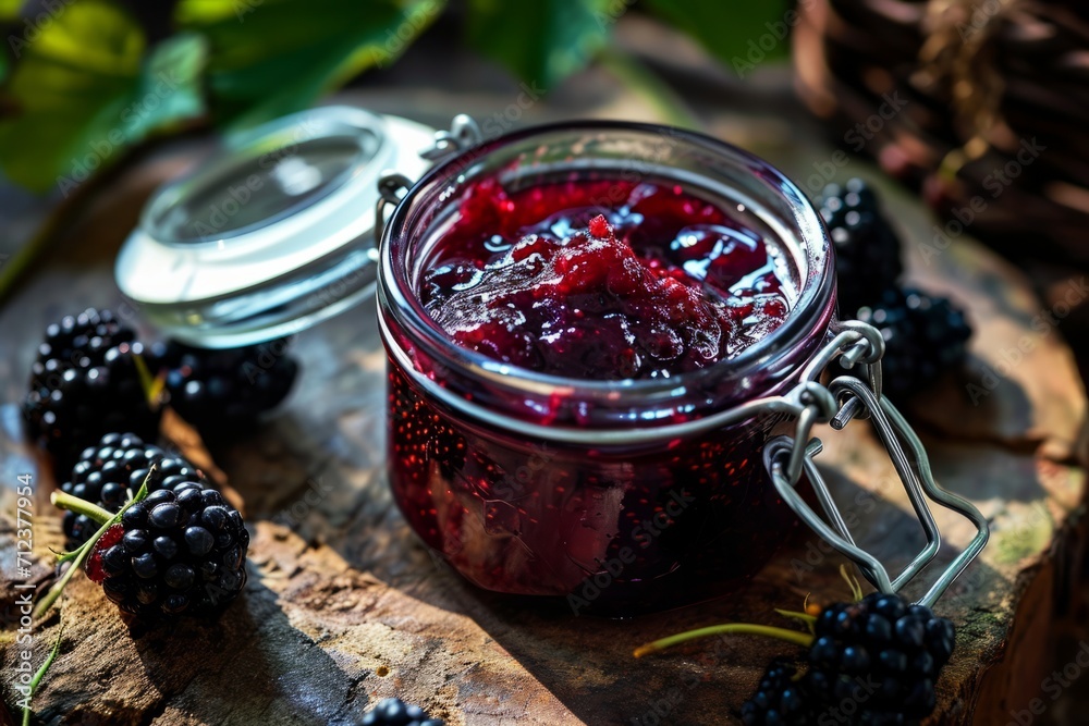 Glass jar of blackberry jam with the lid open, the jam has a thick ...