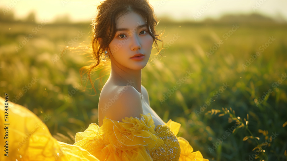 28 Year Old Korean Woman She Is Wearing A Vibrant Yellow Princess Dress Which Stands Out