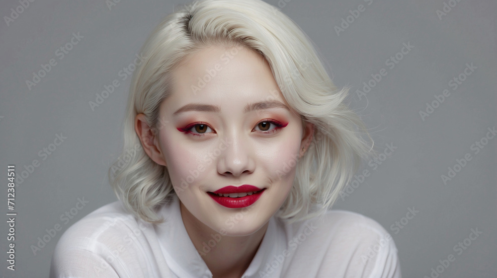 Albino young asian woman with red lips and makeup close up portrait in ...