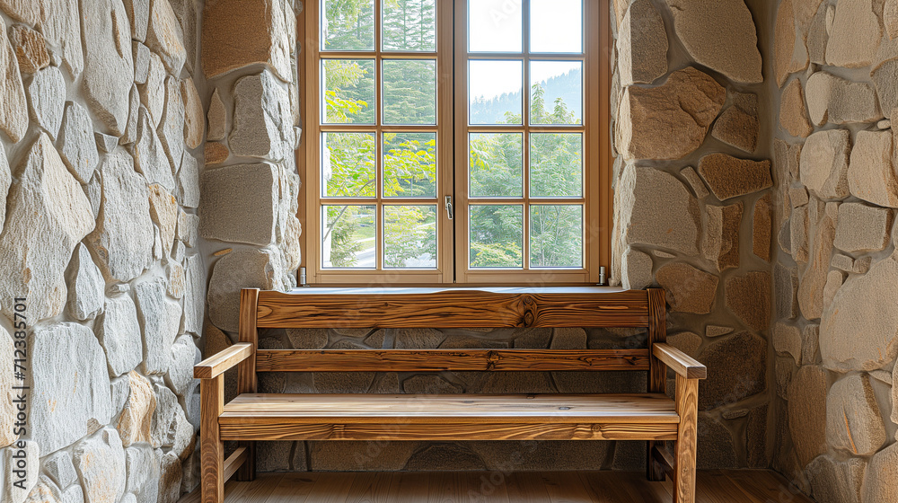 Wooden rustic bench near wild stone cladding wall against window ...