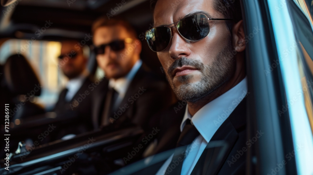 Professional team of male bodyguards at work. protect a VIP celebrity ...