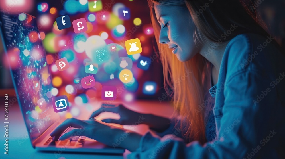 Social media concept, women use computer for like and share information ...