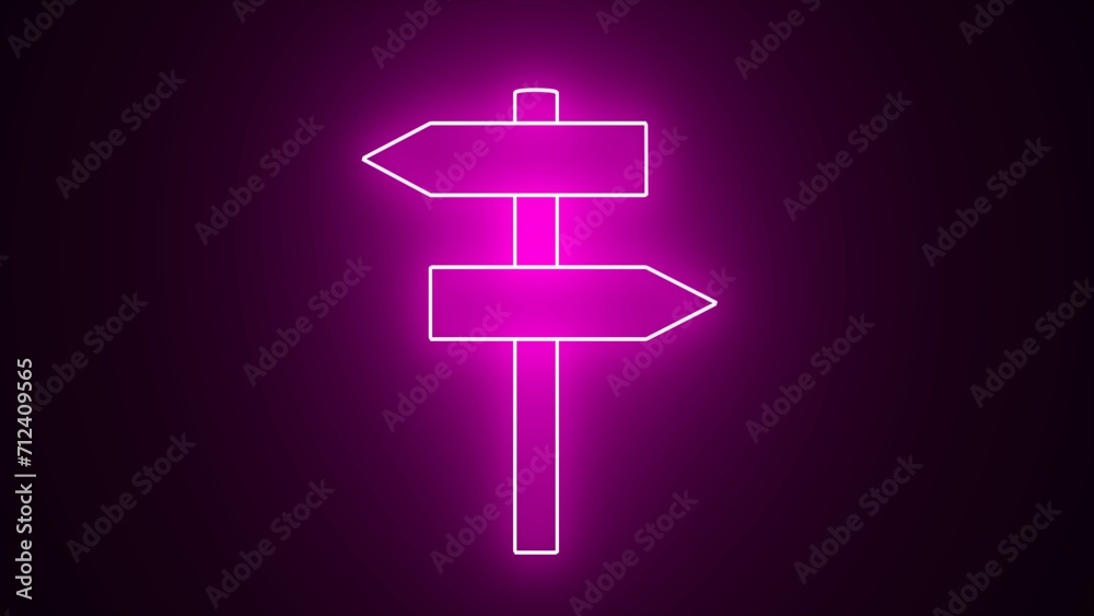Road traffic sign. Directional sign with bright futuristic neon pink ...