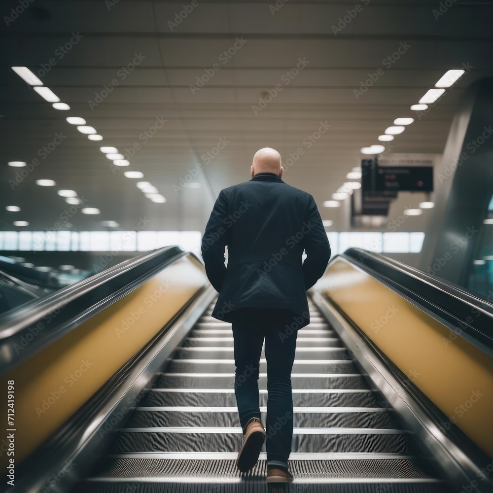 caucasian bald man from behind at the airport on travelator moving ...