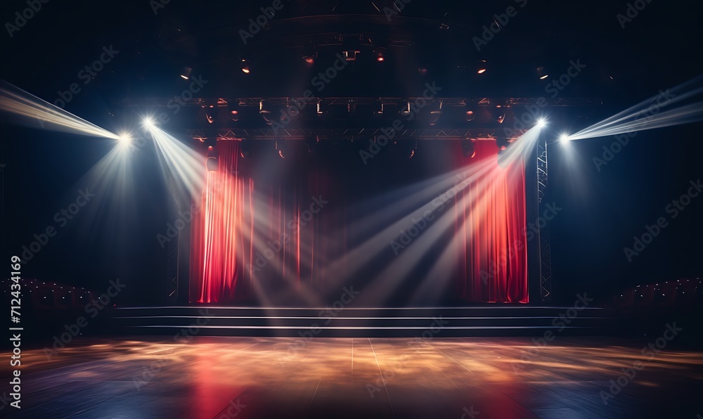 Theater stage lights background with spotlights illuminating the stage ...