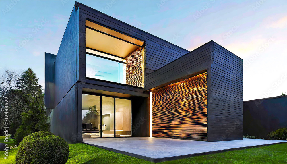 Modern luxury minimalist cubic house, villa with wooden cladding and ...