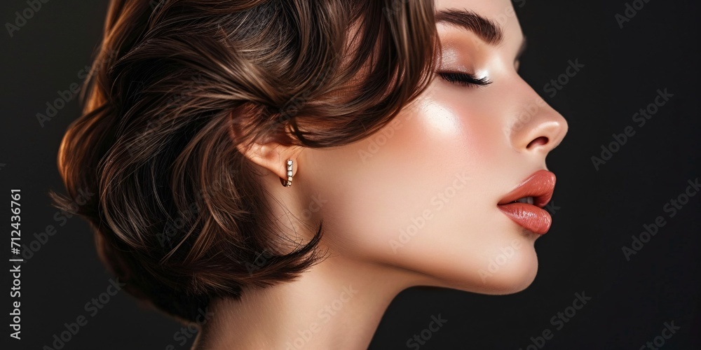 Stunning female profile with gold earring, bob haircut, and dark brown ...