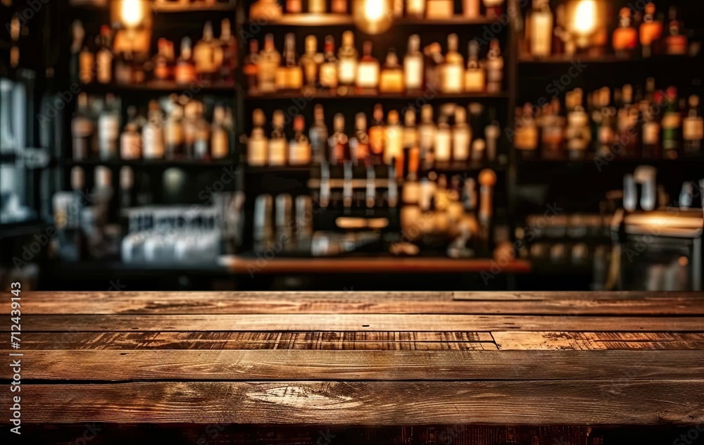 Bar table interior in pub with wooden counter background desk space ...