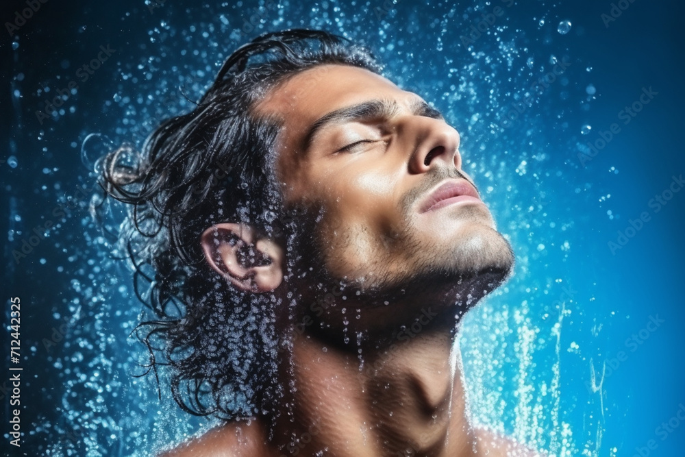 Face, water splash and shampoo shower of man in studio isolated on a blue background. Water ...