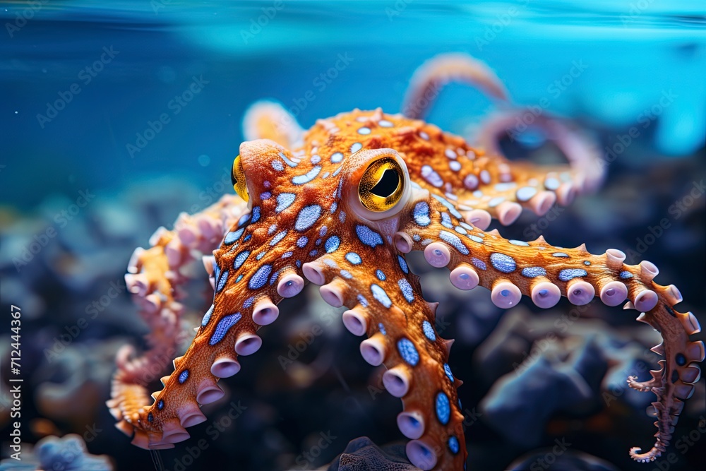 Closeup capture Blue-ringed octopus swimming in the ocean depths ...