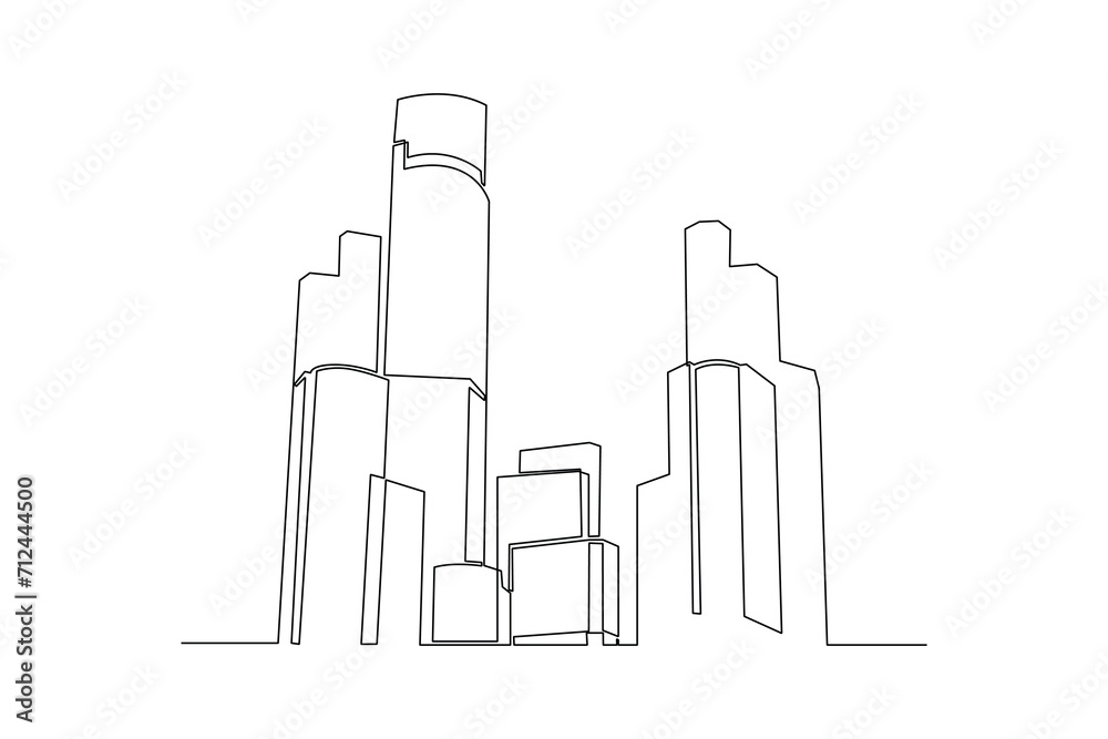 Continuous one line drawing of tall skyscraper buildings in big city ...