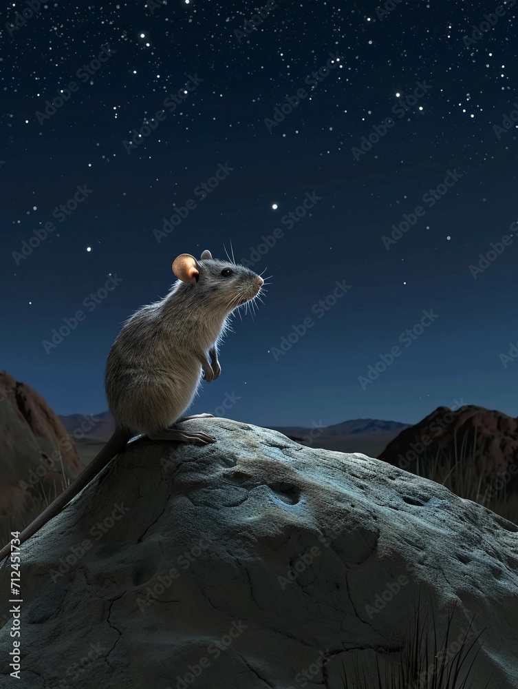 kangaroo rat standing on a small rock, with its large hind feet and ...