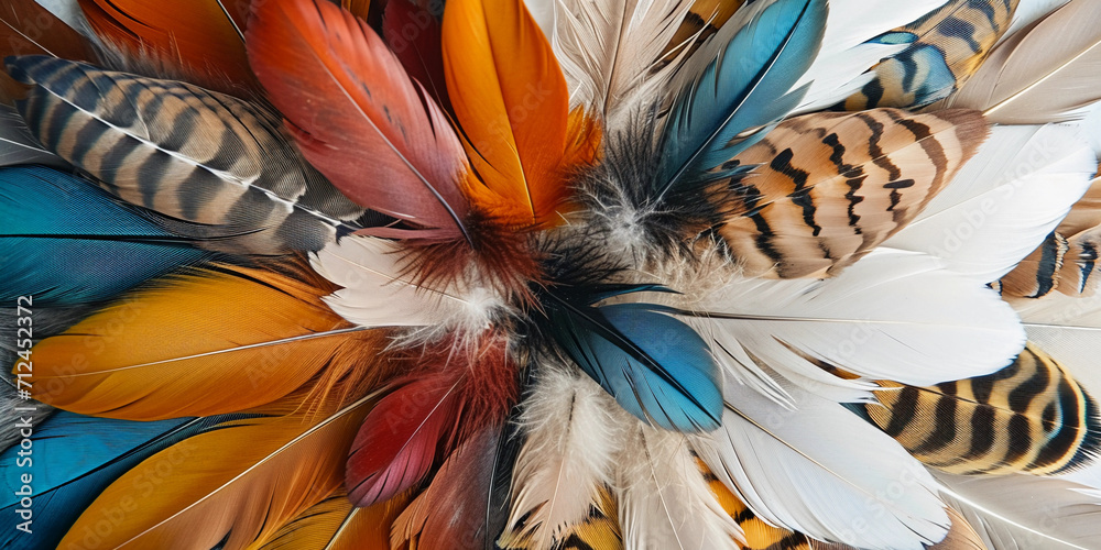 feathers from different bird species, each with distinct colors and ...