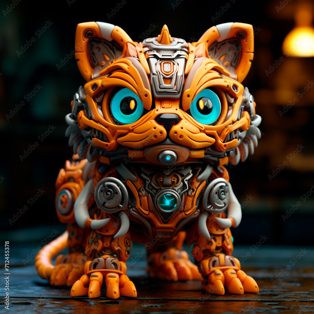 A mech art toy of a tiger-dragon, super cute with an evil face, with ...