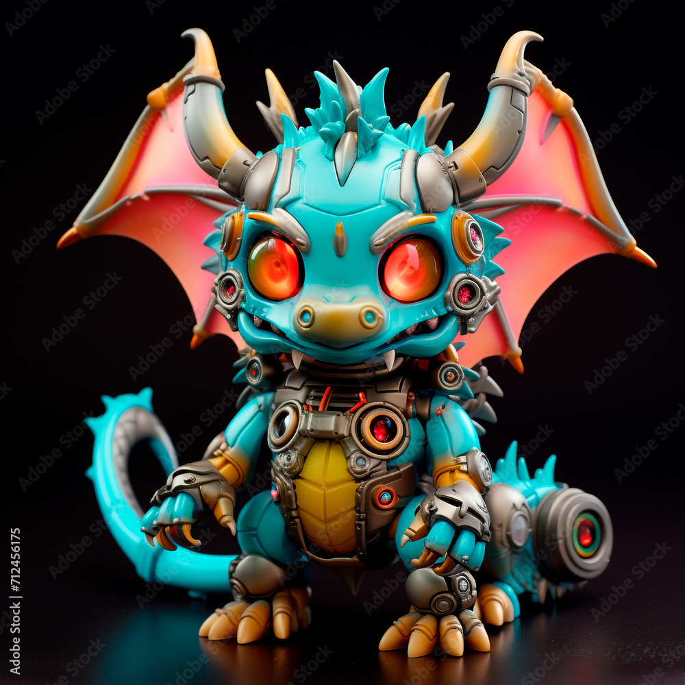A mech art toy of a dragon, super cute with an evil face, huge wings ...