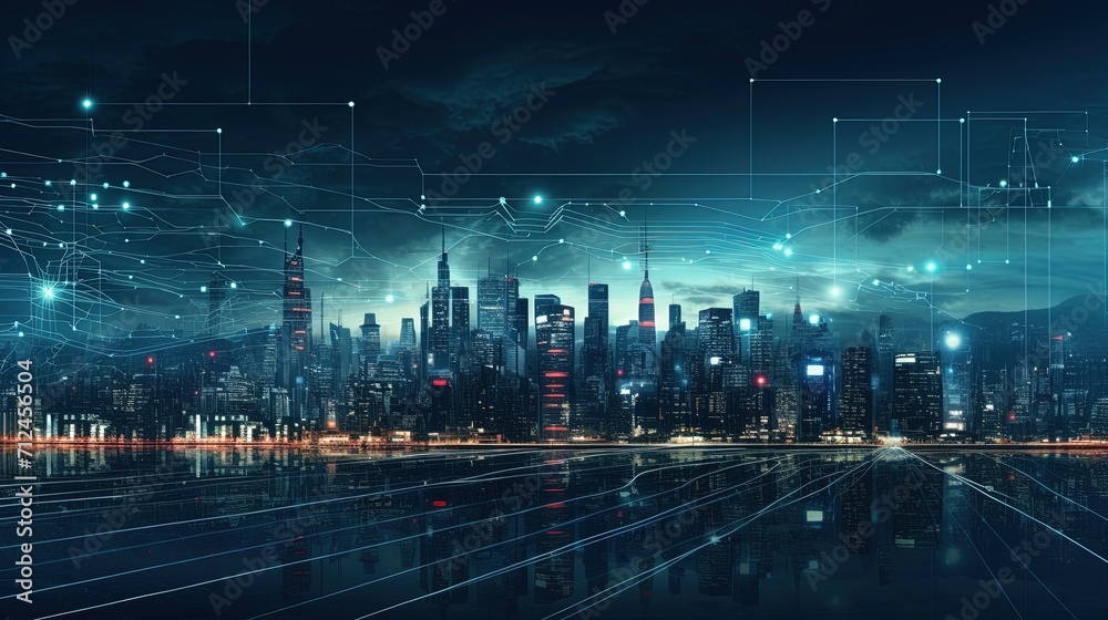Night view of a networked metropolis with glowing digital connections ...