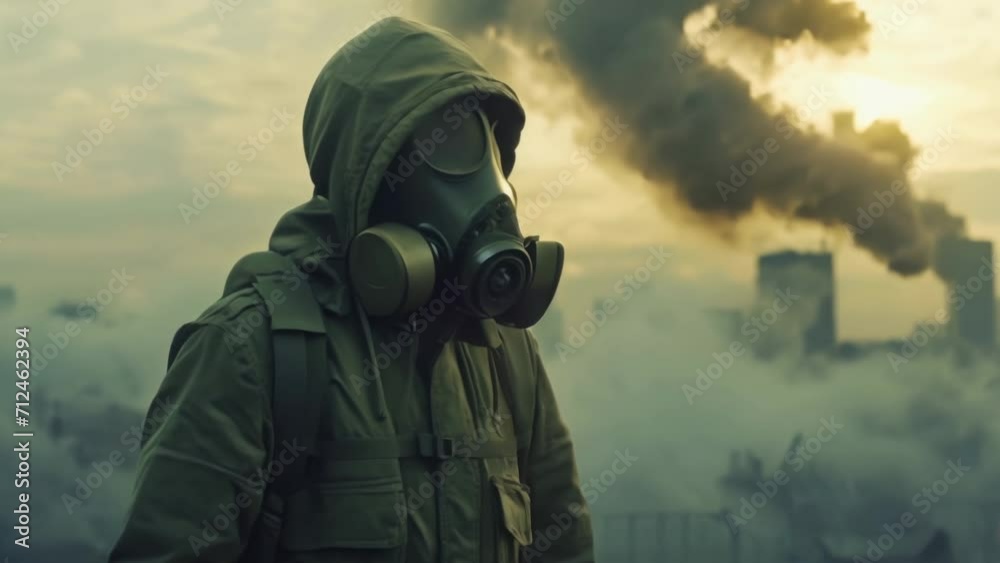 Man wear gas mask. Dangerous toxic radiation. Air pollution concept ...