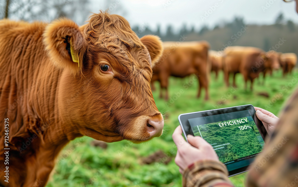 Cow and digital tablet in hands of farmer. Smart livestock farm ...